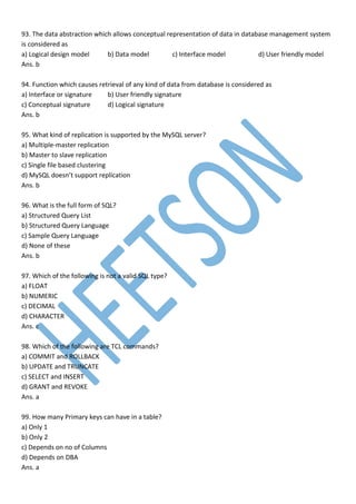 ITI COPA MySQL MCQ Database Concept (DBMS) | PDF