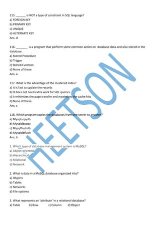 ITI COPA MySQL MCQ Database Concept (DBMS) | PDF