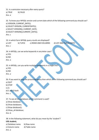 ITI COPA MySQL MCQ Database Concept (DBMS) | PDF