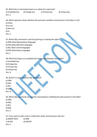 ITI COPA MySQL MCQ Database Concept (DBMS) | PDF