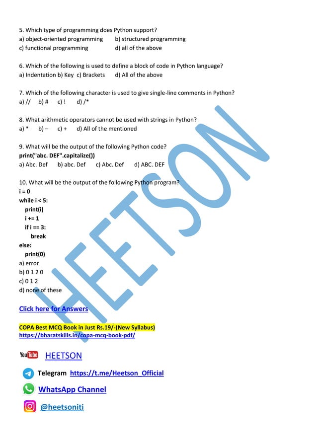 ITI COPA Python MCQ Most Important New Question | PDF