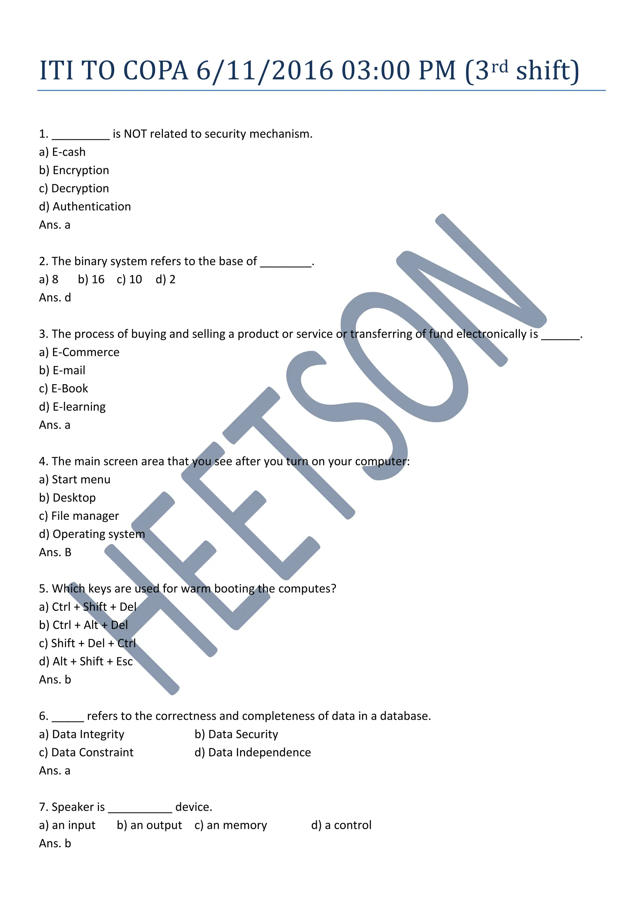 ITI Training Officer COPA Previous Year Paper MCQ | PDF
