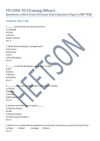 ITI Training Officer COPA Previous Year Paper MCQ | PDF