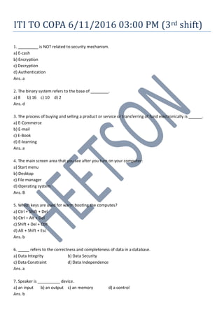 ITI Training Officer COPA Previous Year Paper MCQ | PDF