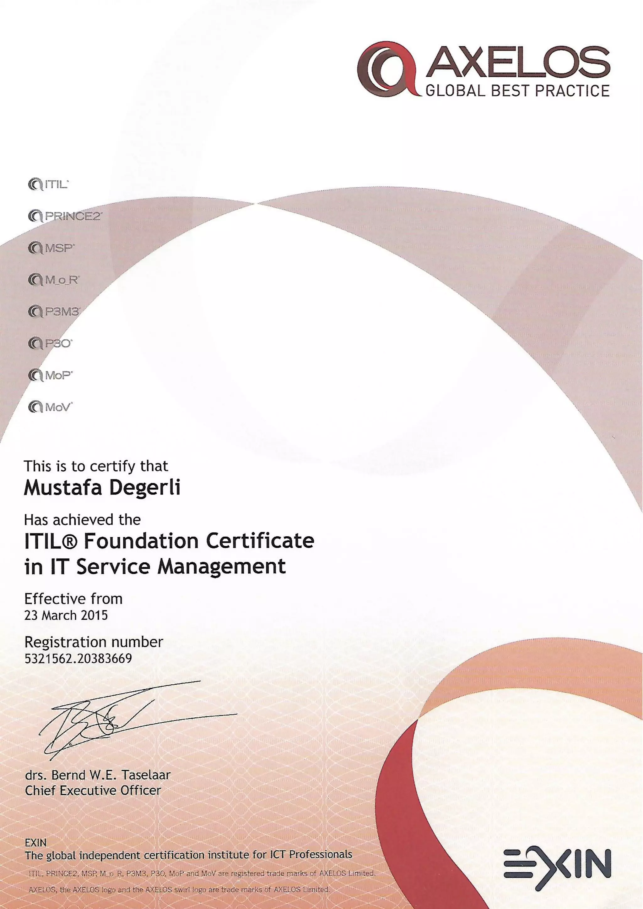 Mustafa Degerli – 2015 – ITIL Foundation Certificate in IT Service Management | PDF