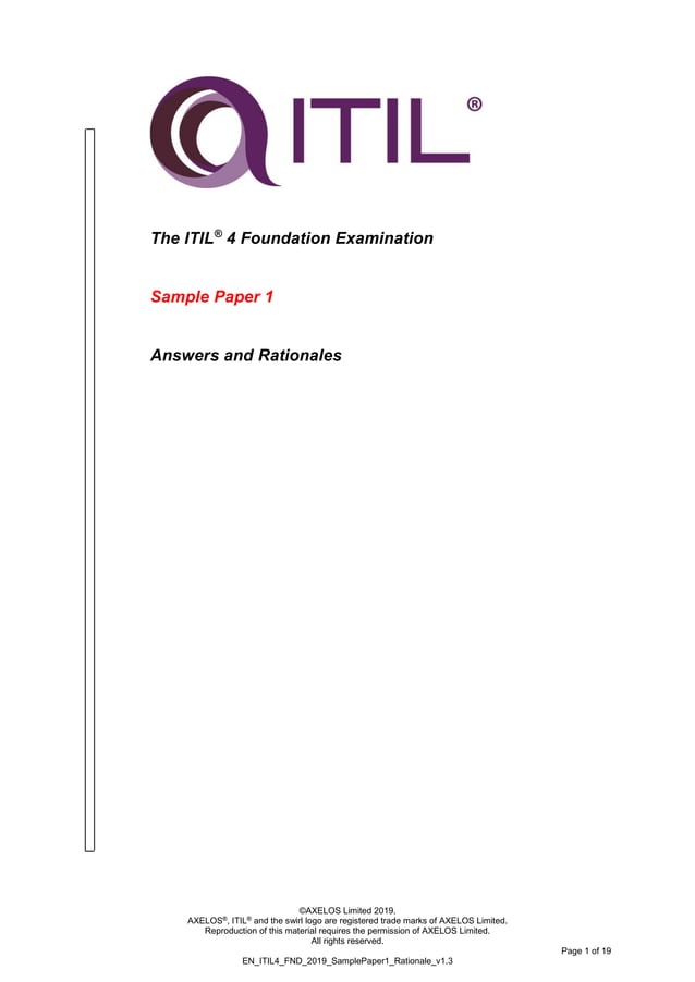 Itil 4 foudnation exam sample answers booklet 1 | PDF