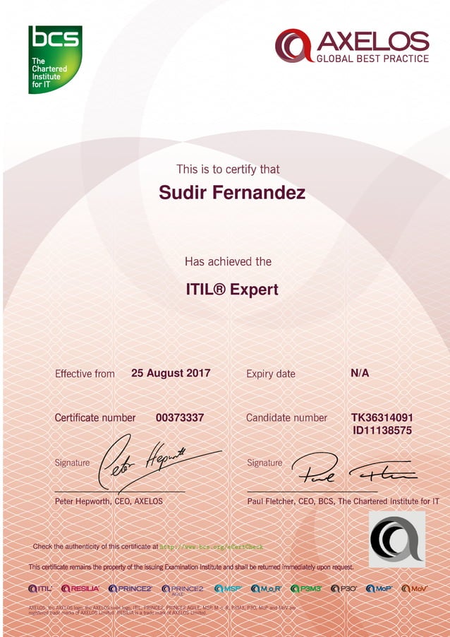 ITIL Expert v3 certificate Managing across the Lifecycle Sudir Fernandez | PDF