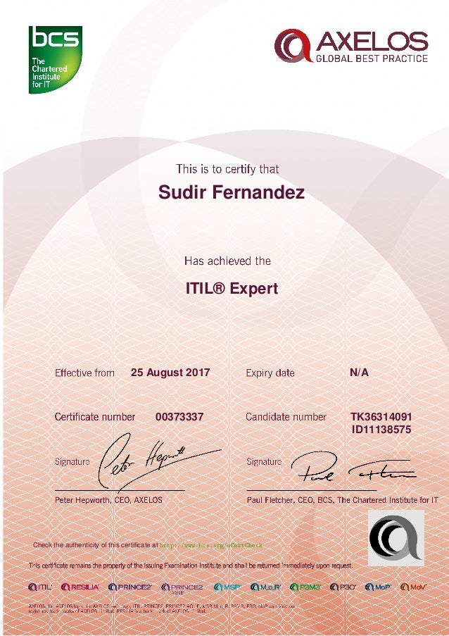 ITIL Expert v3 certificate Managing across the Lifecycle Sudir Fernan…