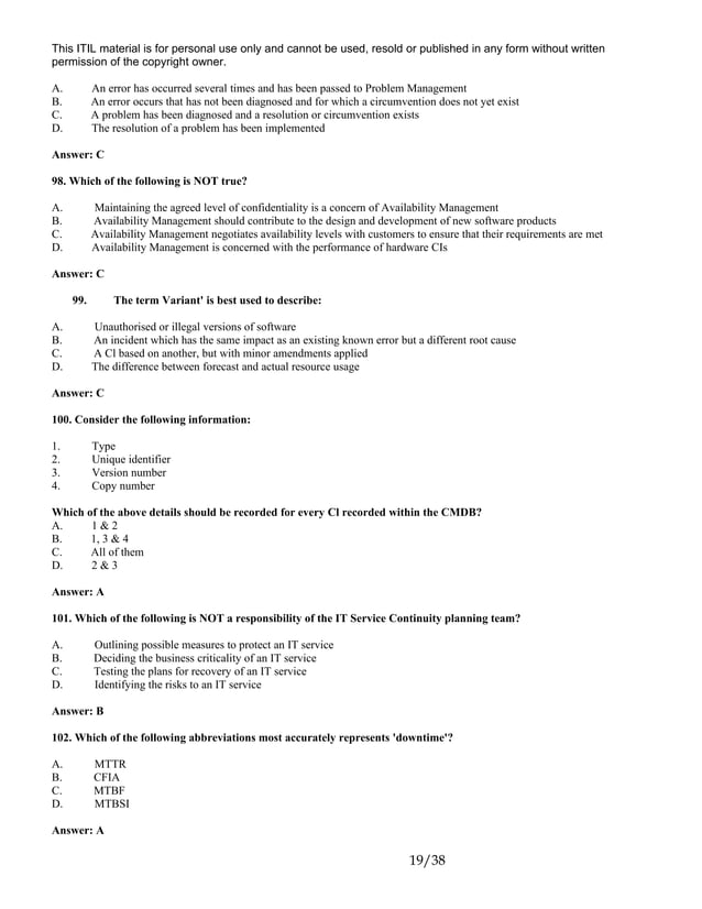 ITIL Foundation V2 200 Sample Questions | DOC