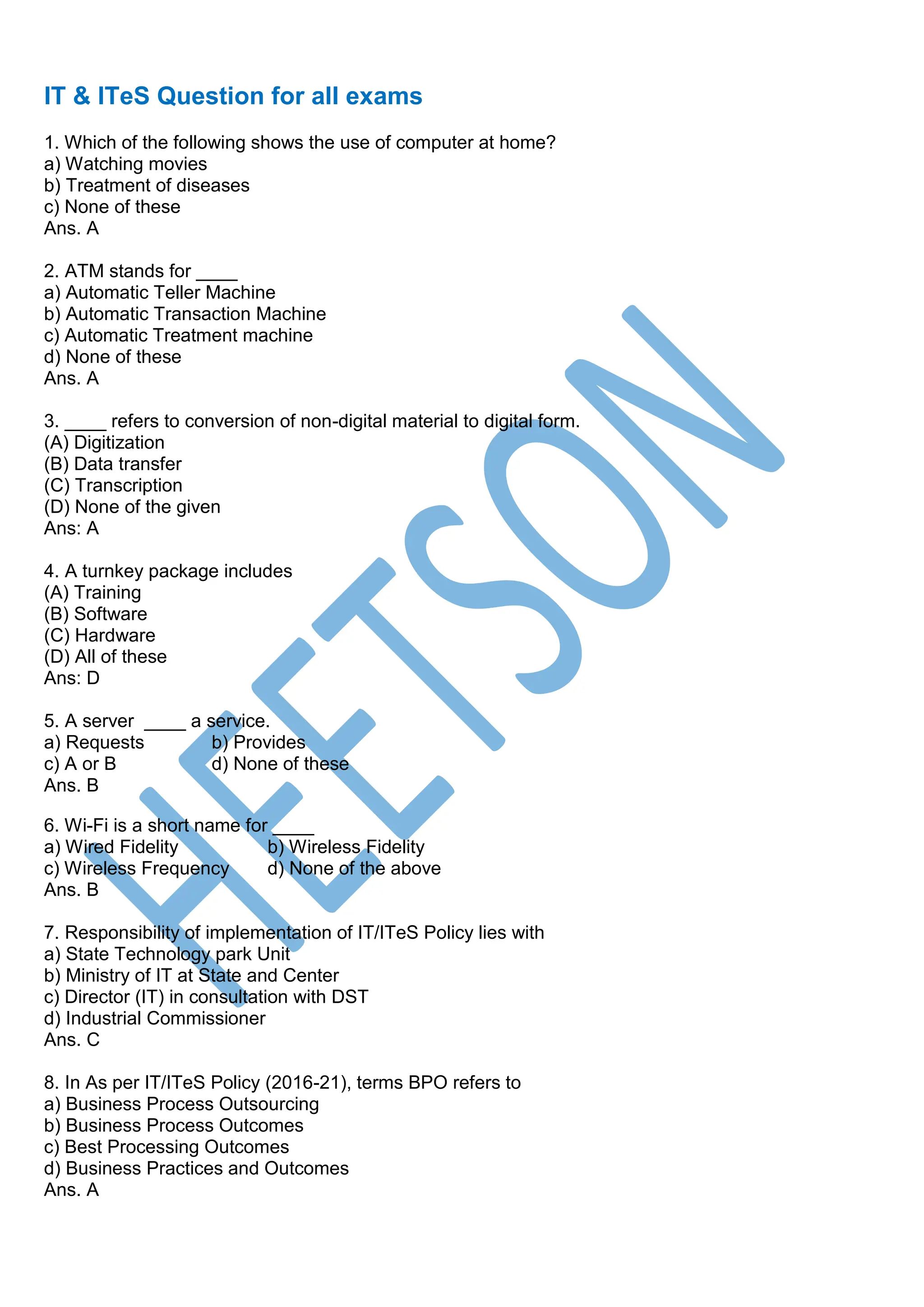 IT & ITeS Important MCQ Questions and Answers | PDF