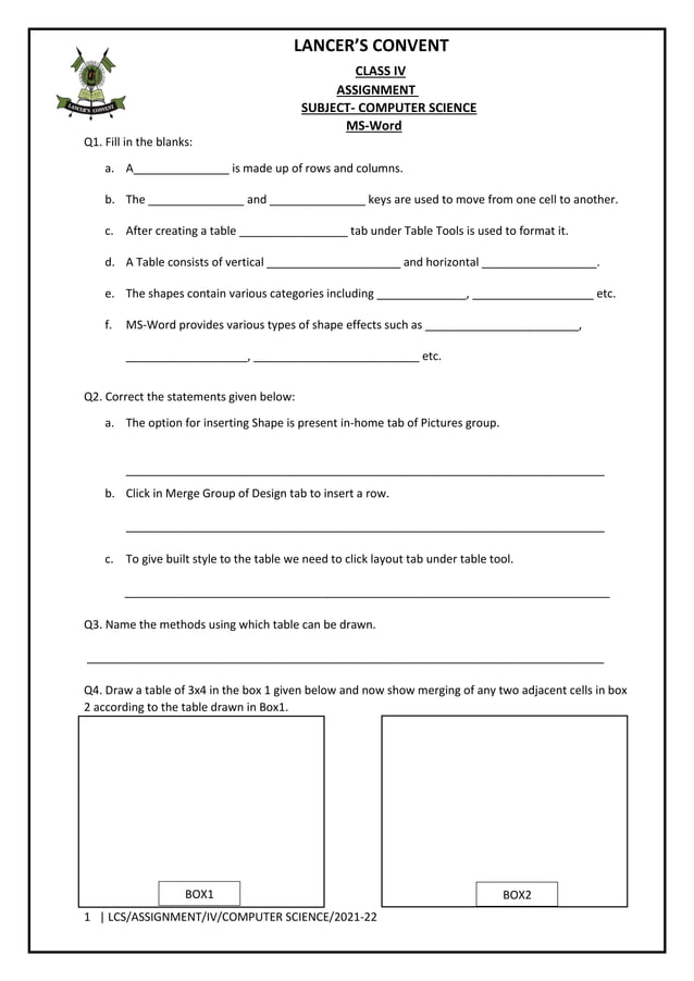 MS word worksheet for class 4th | PDF