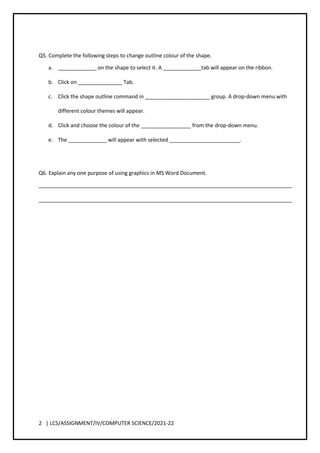 MS word worksheet for class 4th | PDF