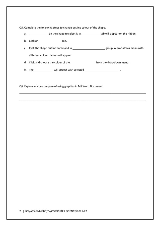 MS word worksheet for class 4th | PDF