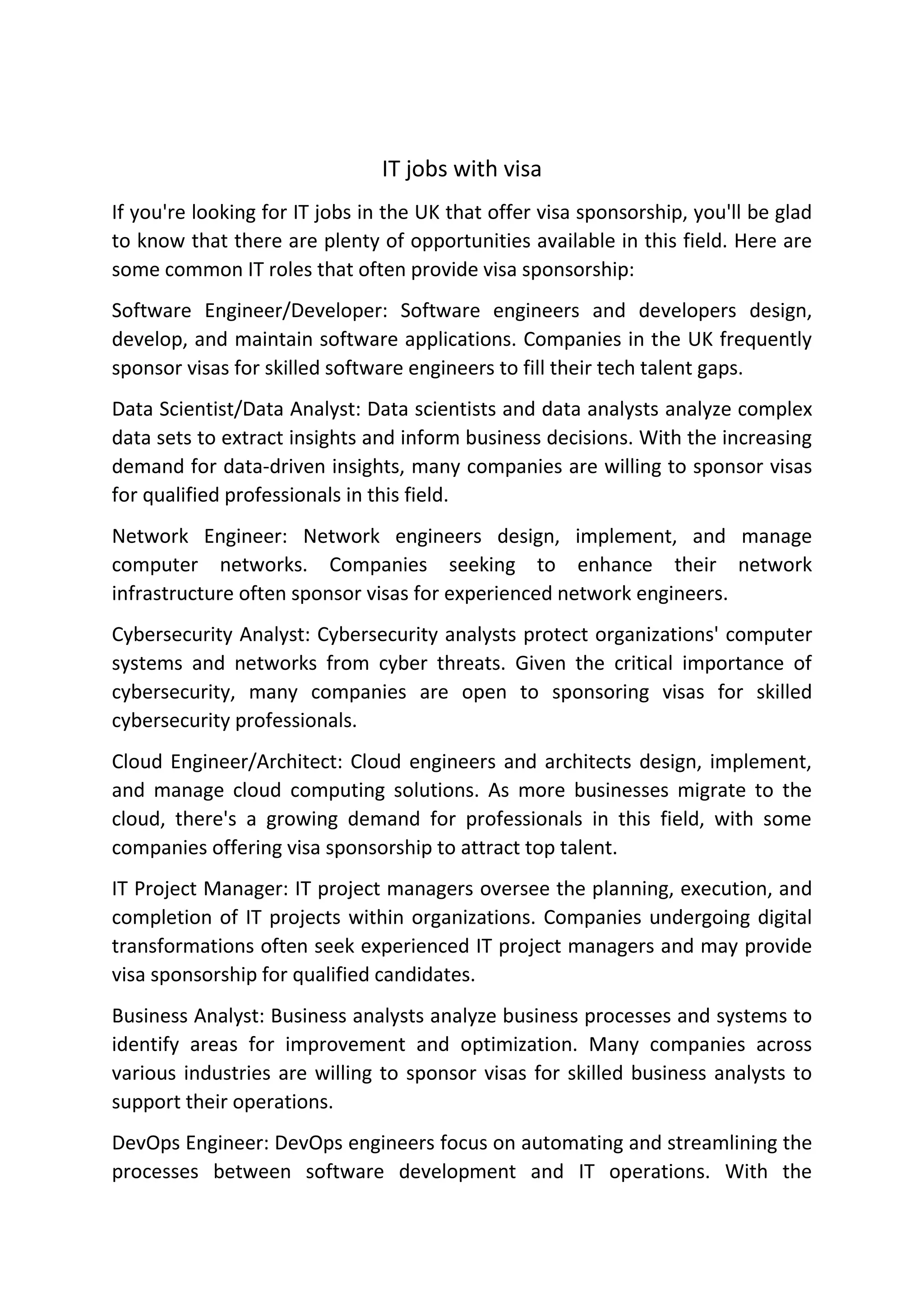 IT jobs with visa. docx | PDF