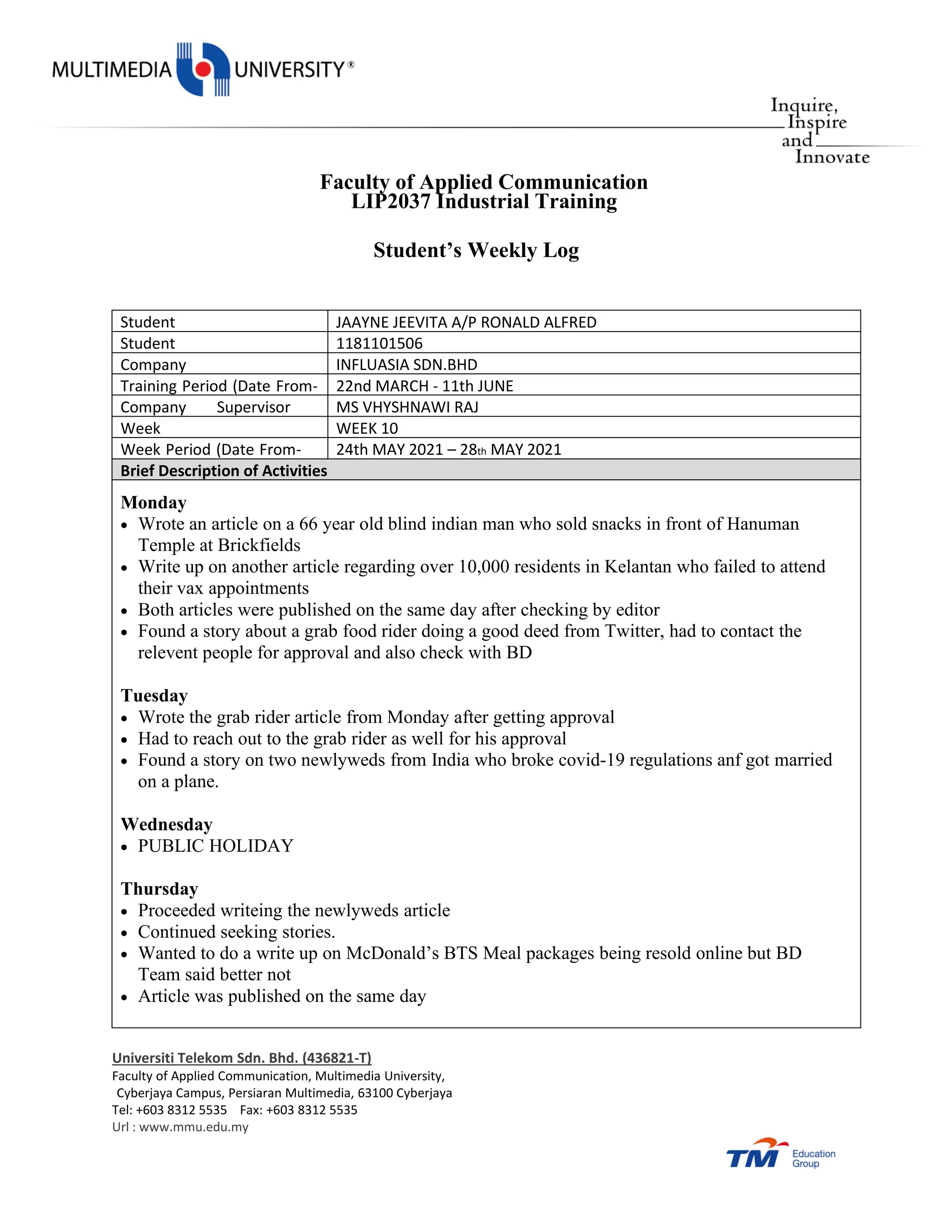 MMU INTERNSHIP REPORT JAAYNE JEEVITA A / P RONALD ALFRED | PDF