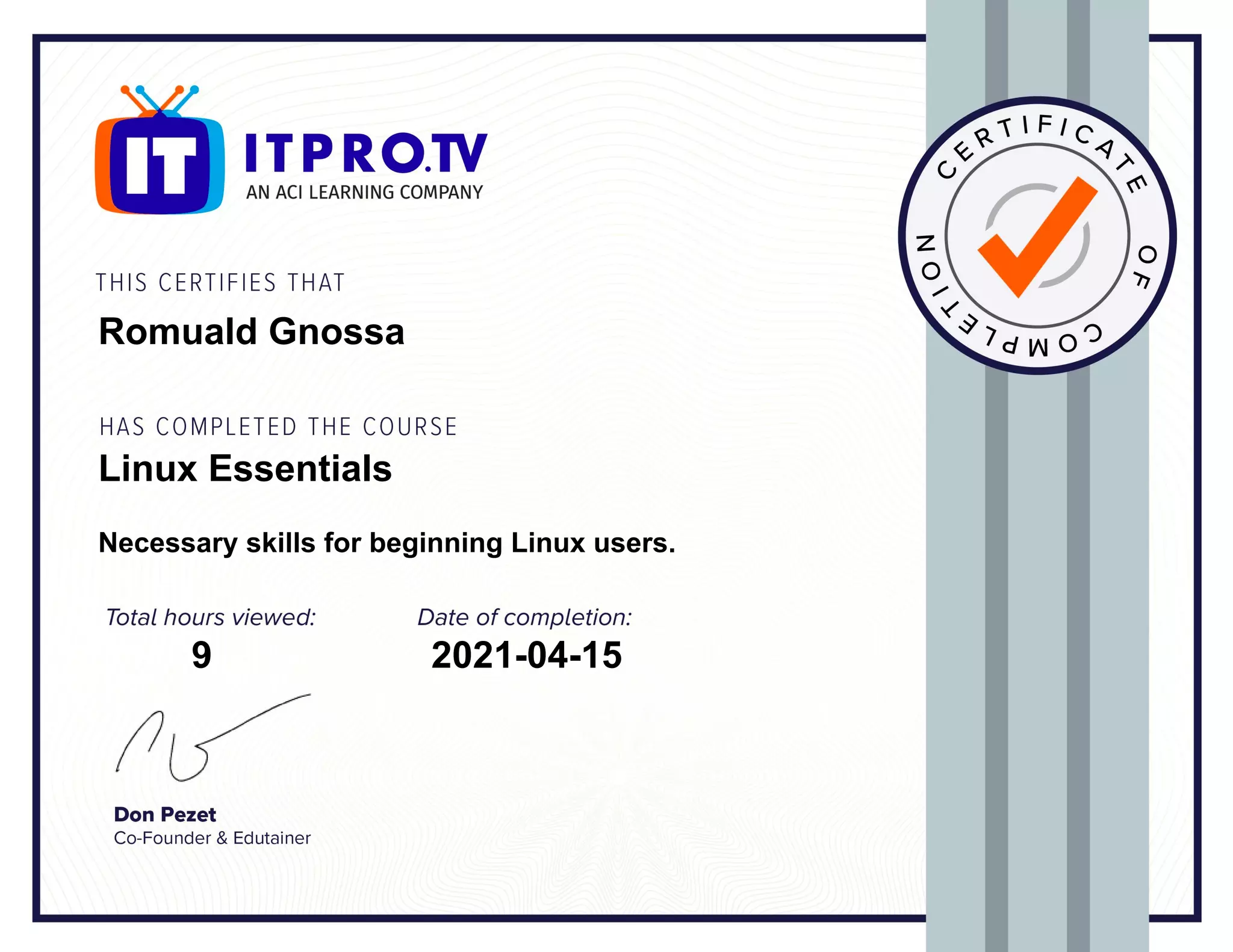 ITPRO.TV CERTIFICATE OF COMPLETION - Linux Essentials.pdf