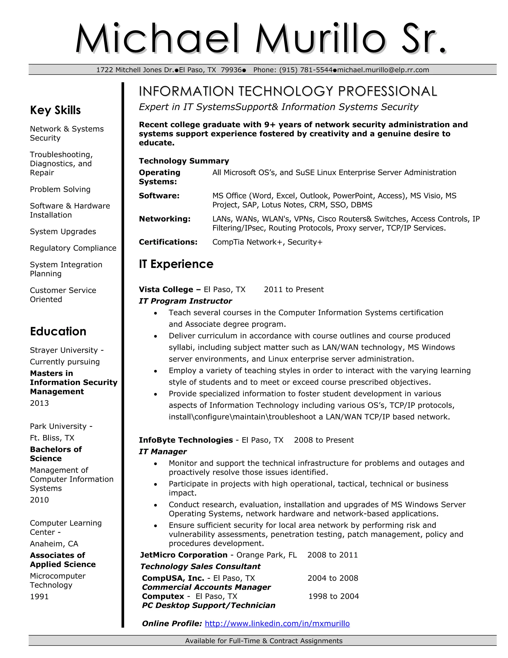 It professional resume | DOCX | IT and Internet Support | Internet