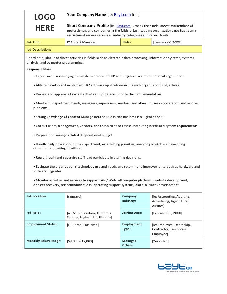 It Project Manager Job Description Template By Bayt It Project Manager Job Description Template By Bayt