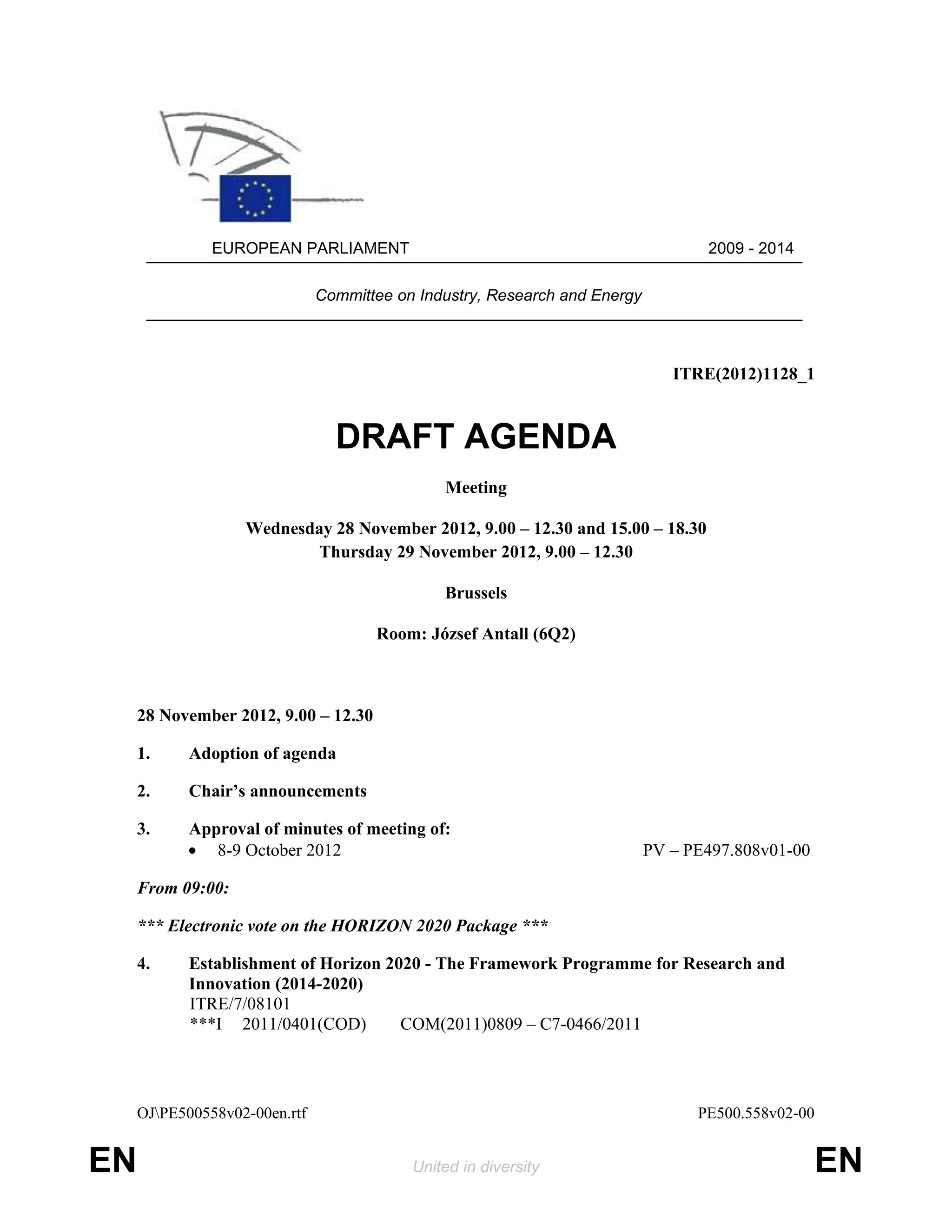 ITRE - DRAFT AGENDA | PDF | Politics