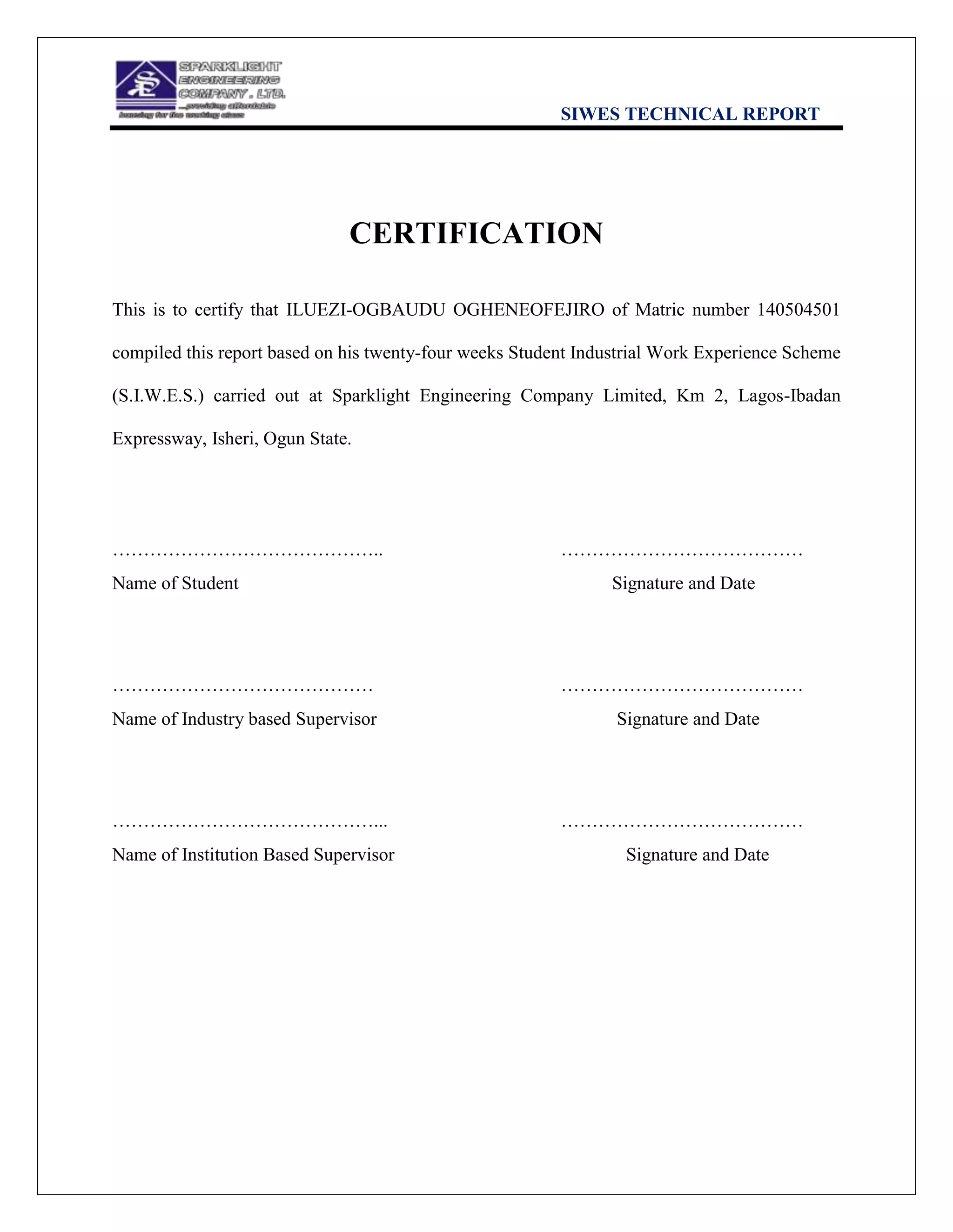SIWES TECHNICAL REPORT SAMPLE | PDF