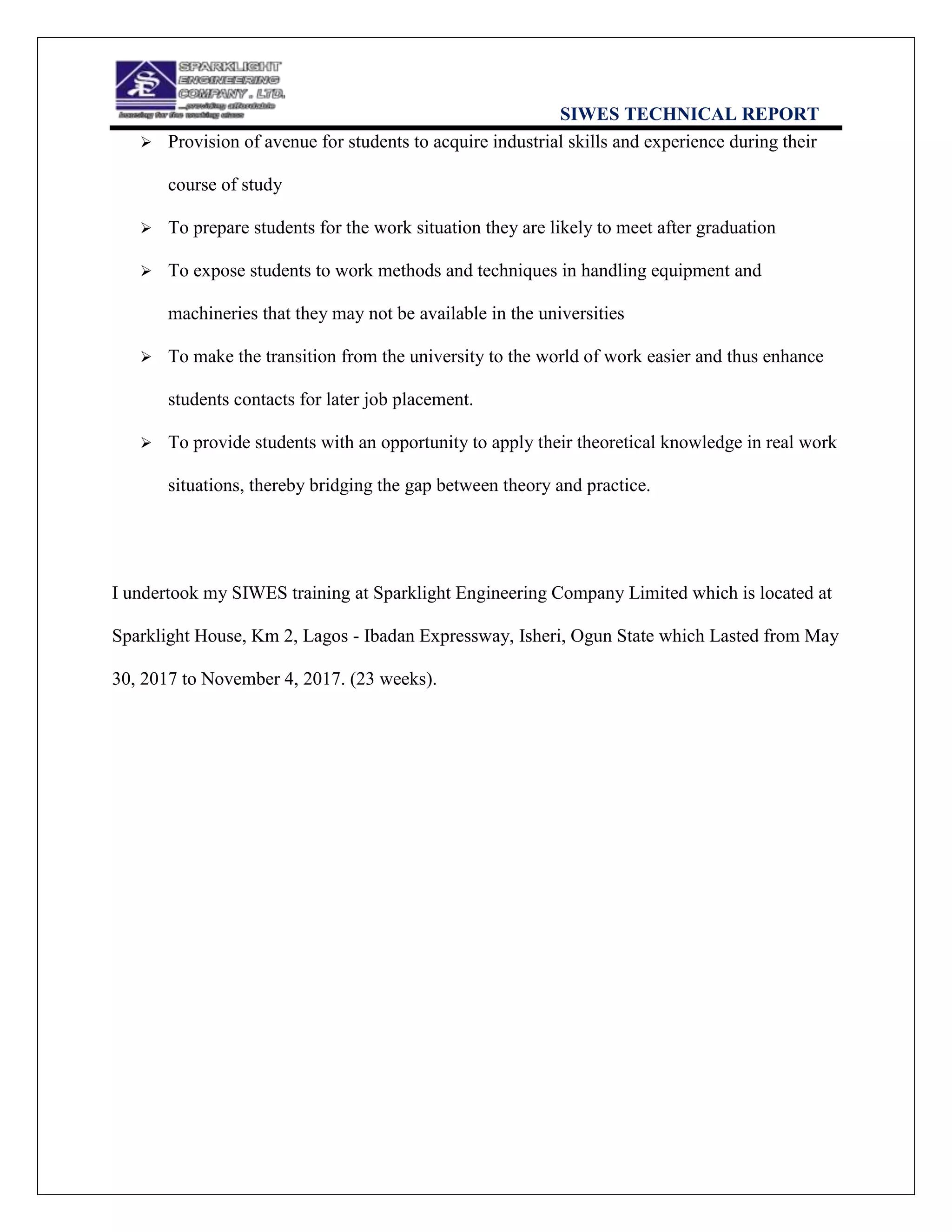 SIWES TECHNICAL REPORT SAMPLE | PDF