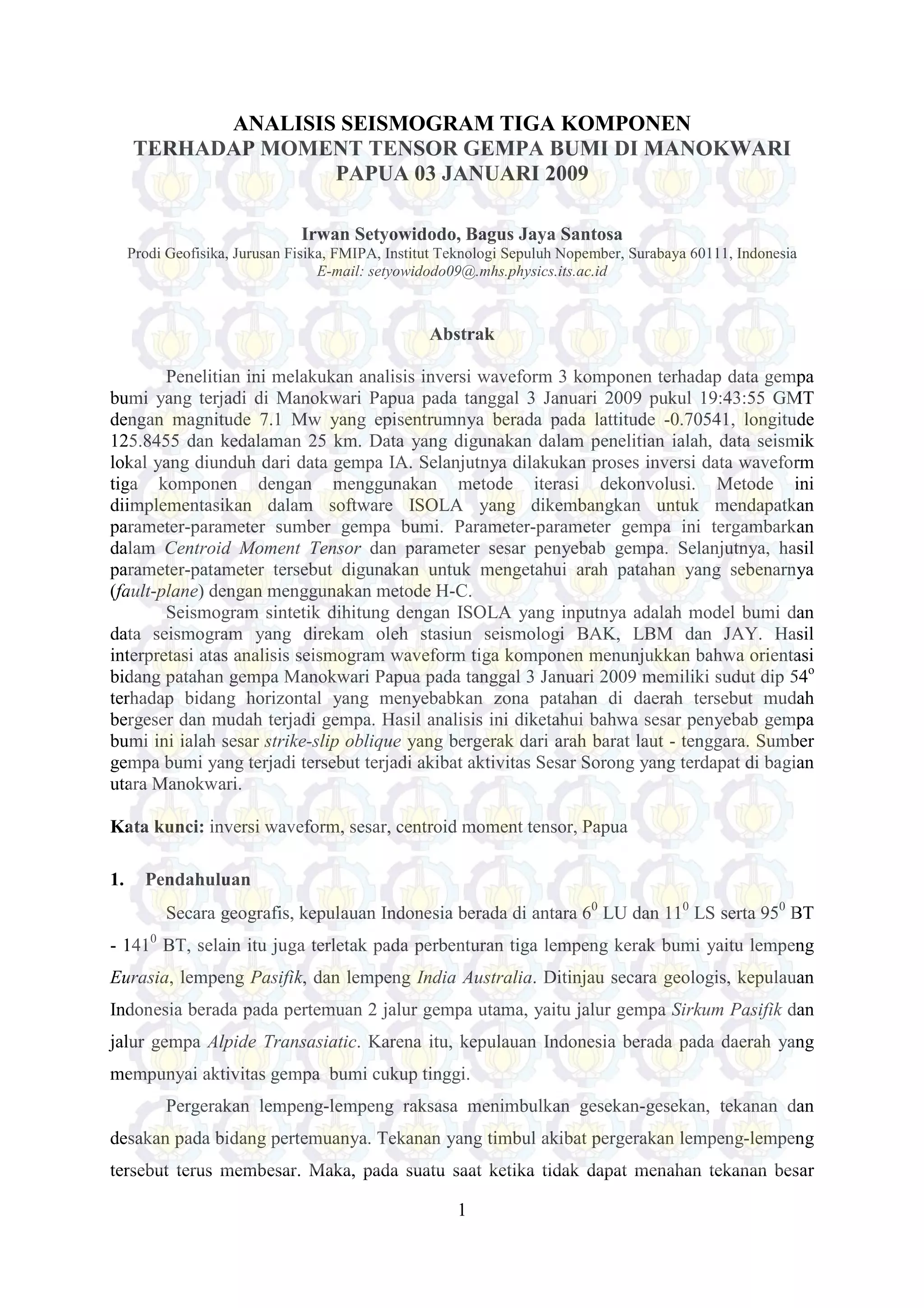 ANALISIS SEISMOGRAM TIGA KOMPONEN TERHADAP MOMENT TENSOR GEMPA BUMI DI ...