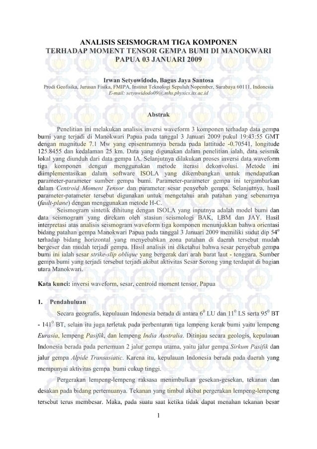 ANALISIS SEISMOGRAM TIGA KOMPONEN TERHADAP MOMENT TENSOR GEMPA BUMI DI MANOKWARI PAPUA 03 ...