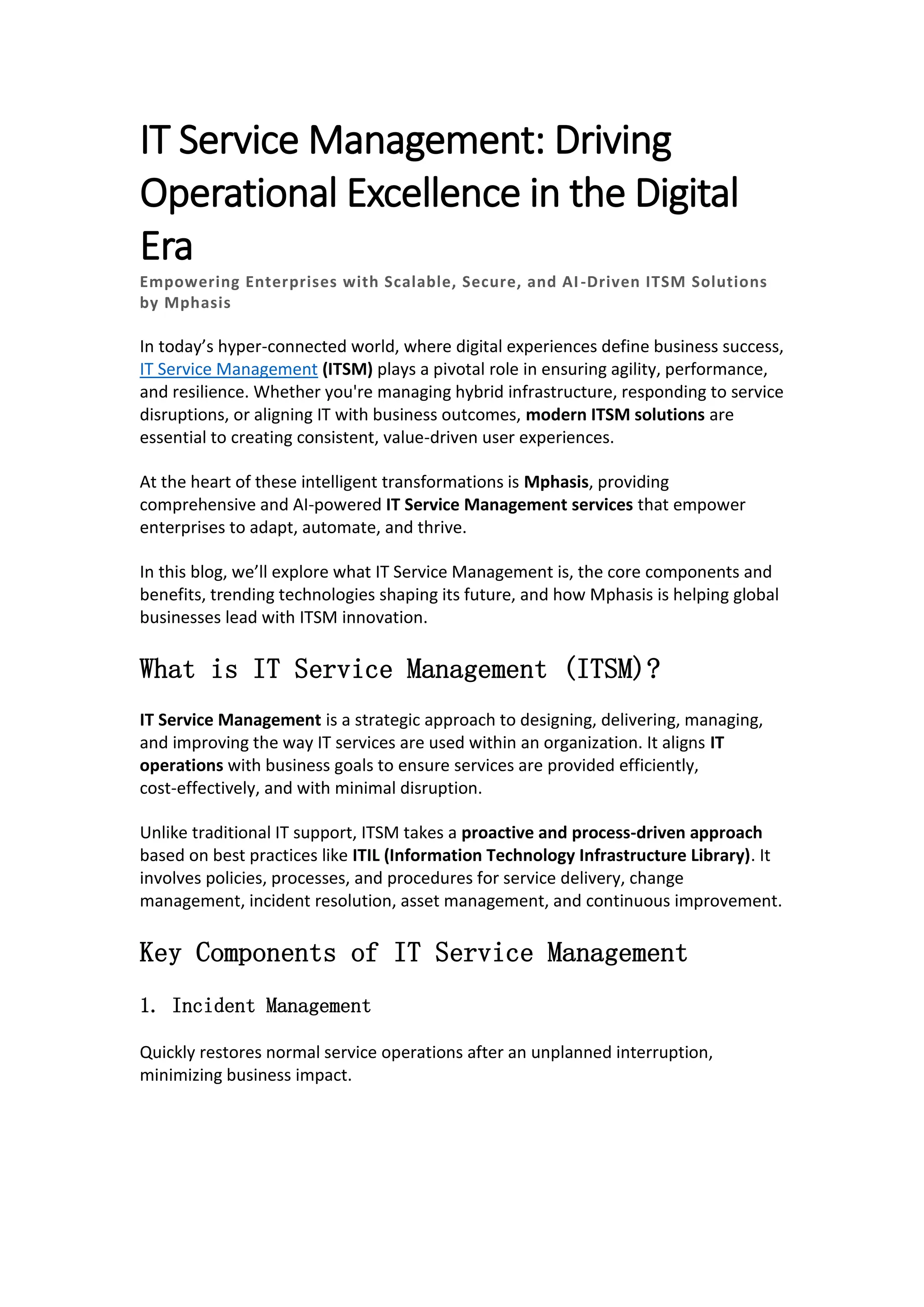 IT Service Management: Driving Operational Excellence in the Digital Era | PDF