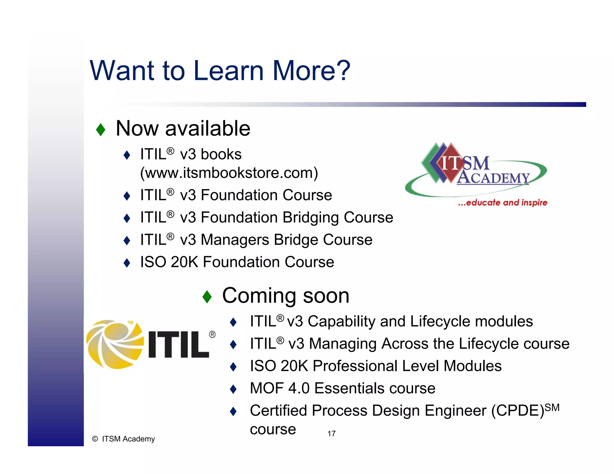 ITIL V3 and ISO 20K Cert Schemes - ITSM Academy Webinar | PDF | Business | Business and Finance