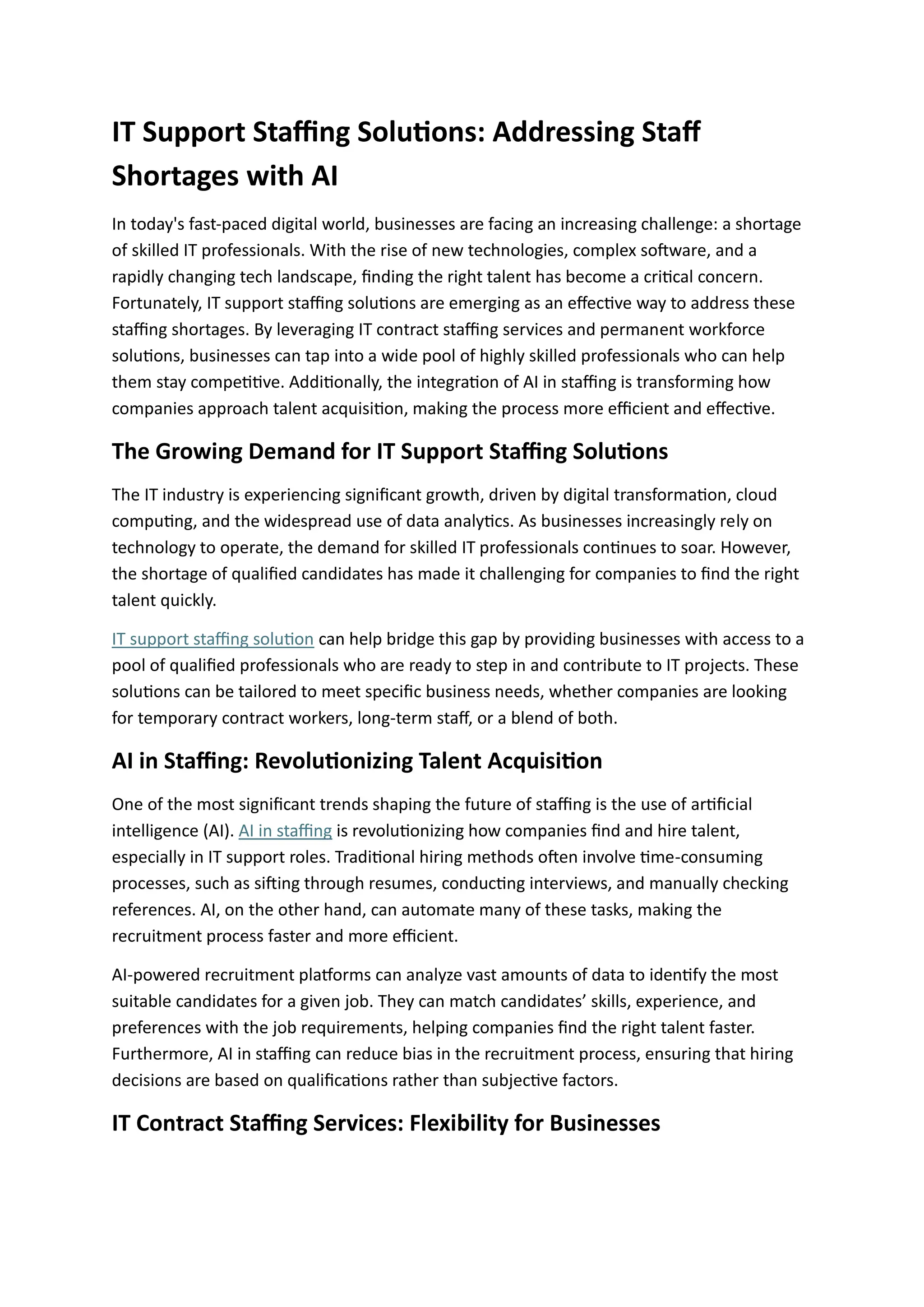 IT Support Staffing Solutions Addressing Staff Shortages with AI | PDF