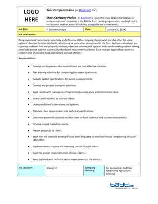 IT Systems Analyst Job Description Template by Bayt.com