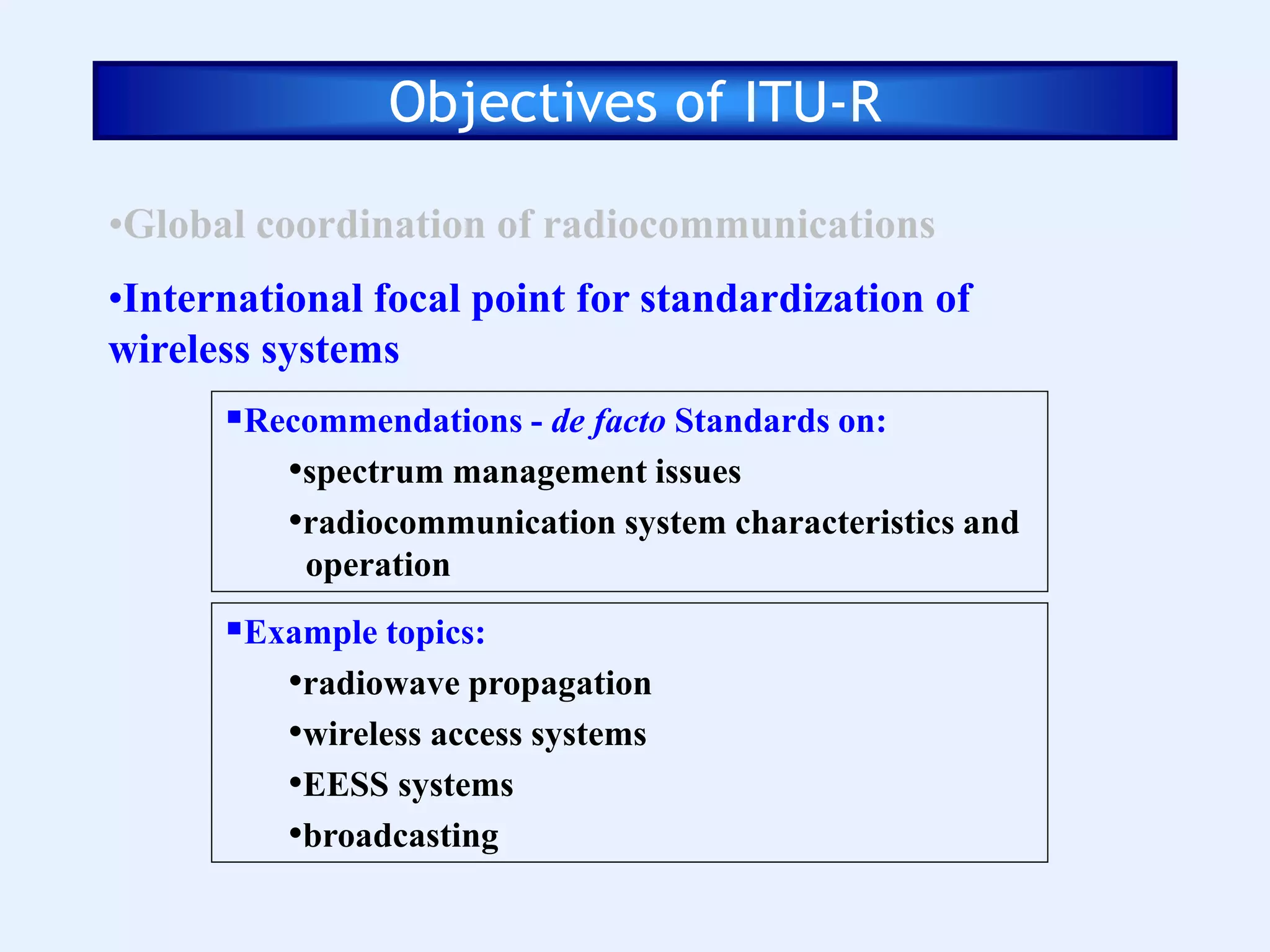 International Telecommunication Union for Radio Communication (ITU-R ...