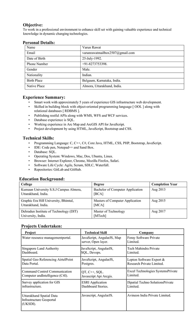 Curriculum vitae of Varun Rawat. Resume is for GIS candidature. | PDF | Web Development | Internet