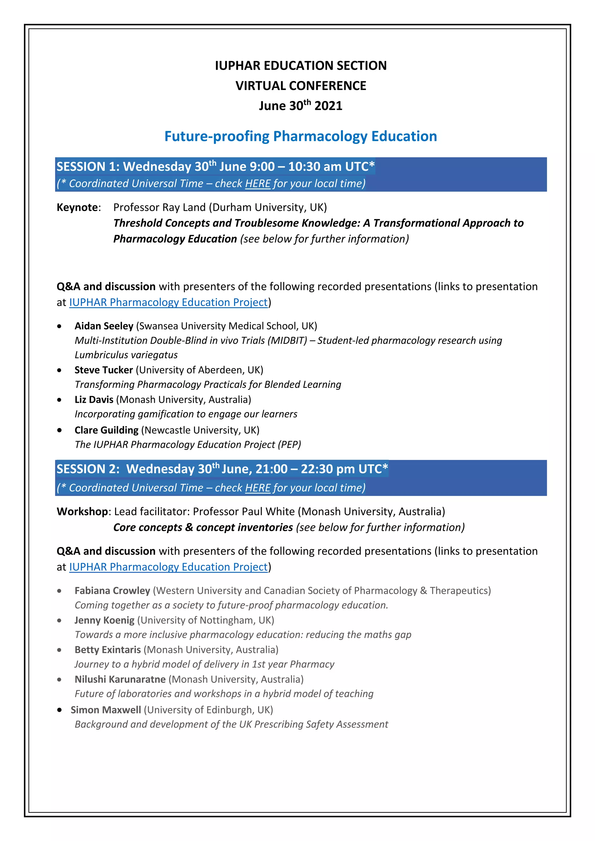 IUPHAR pharmacology education section program 2021 - pdf | PDF