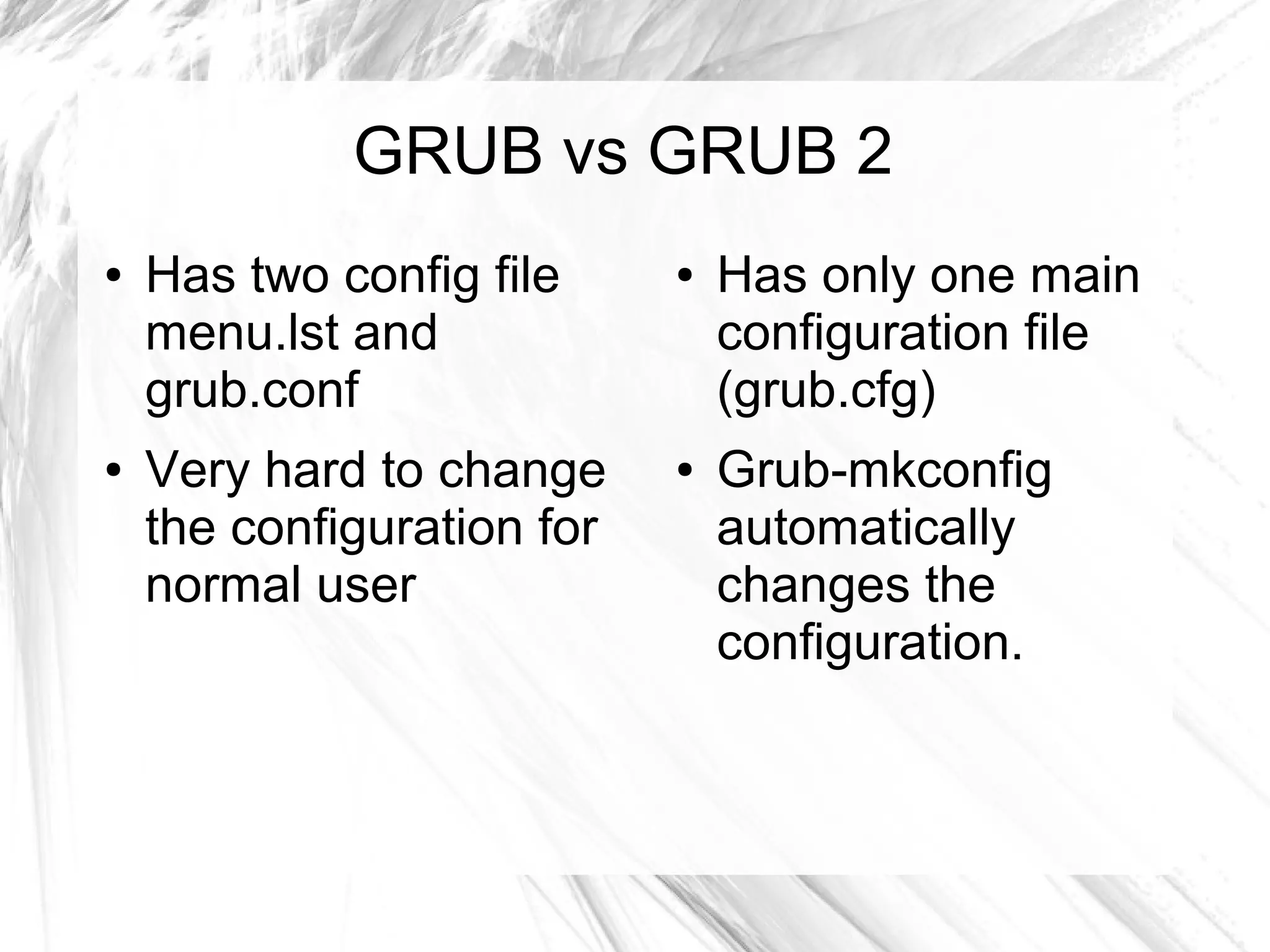 Comparison between grub-legacy ,lilo and grub -2 | PPT