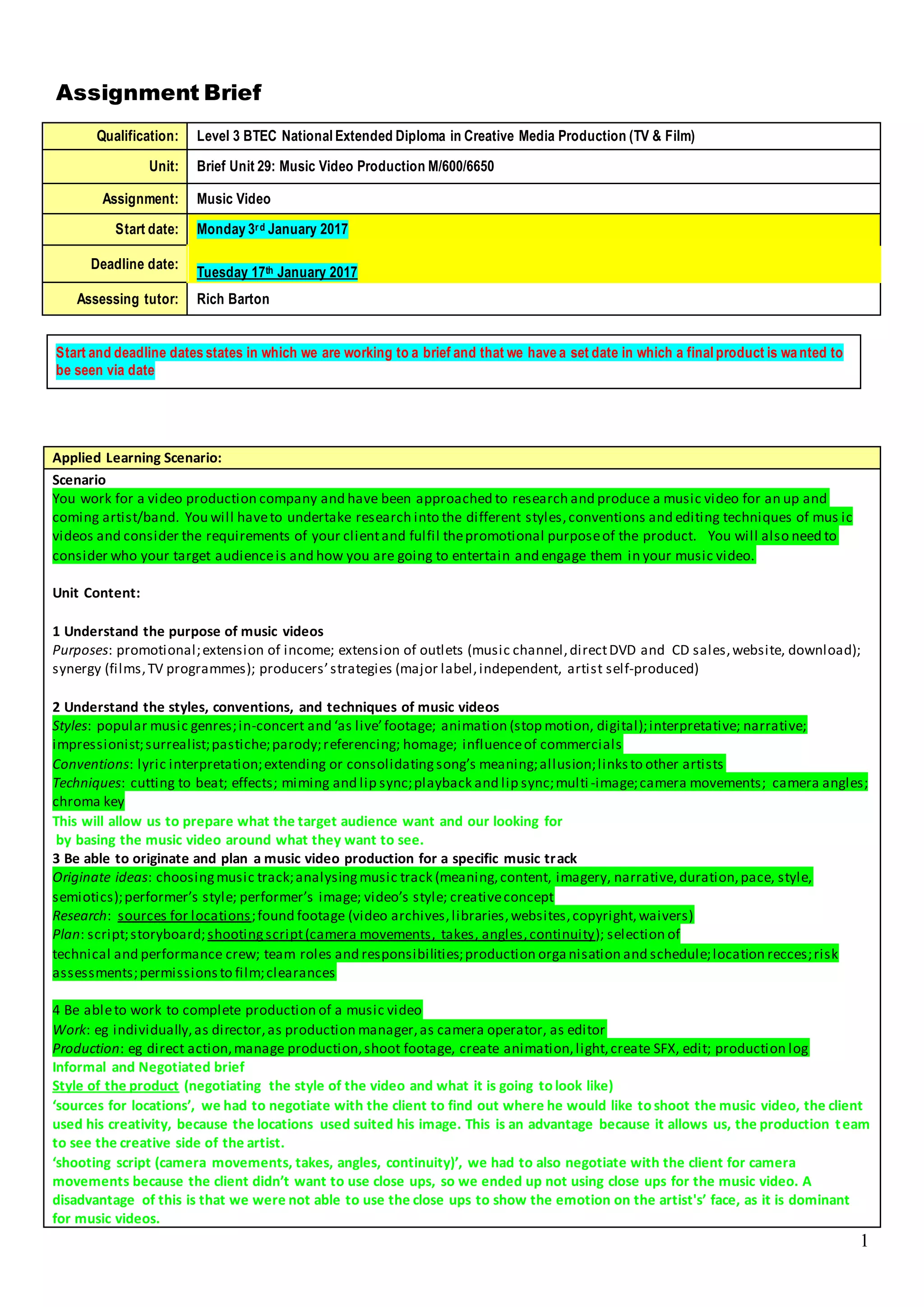 UNIT 29: Annotated Music Brief | PDF
