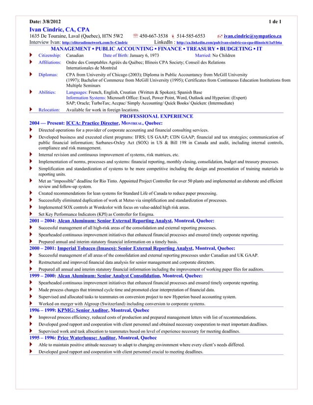 Ivan Cindric Cacpa Resume Snap Shot | PDF