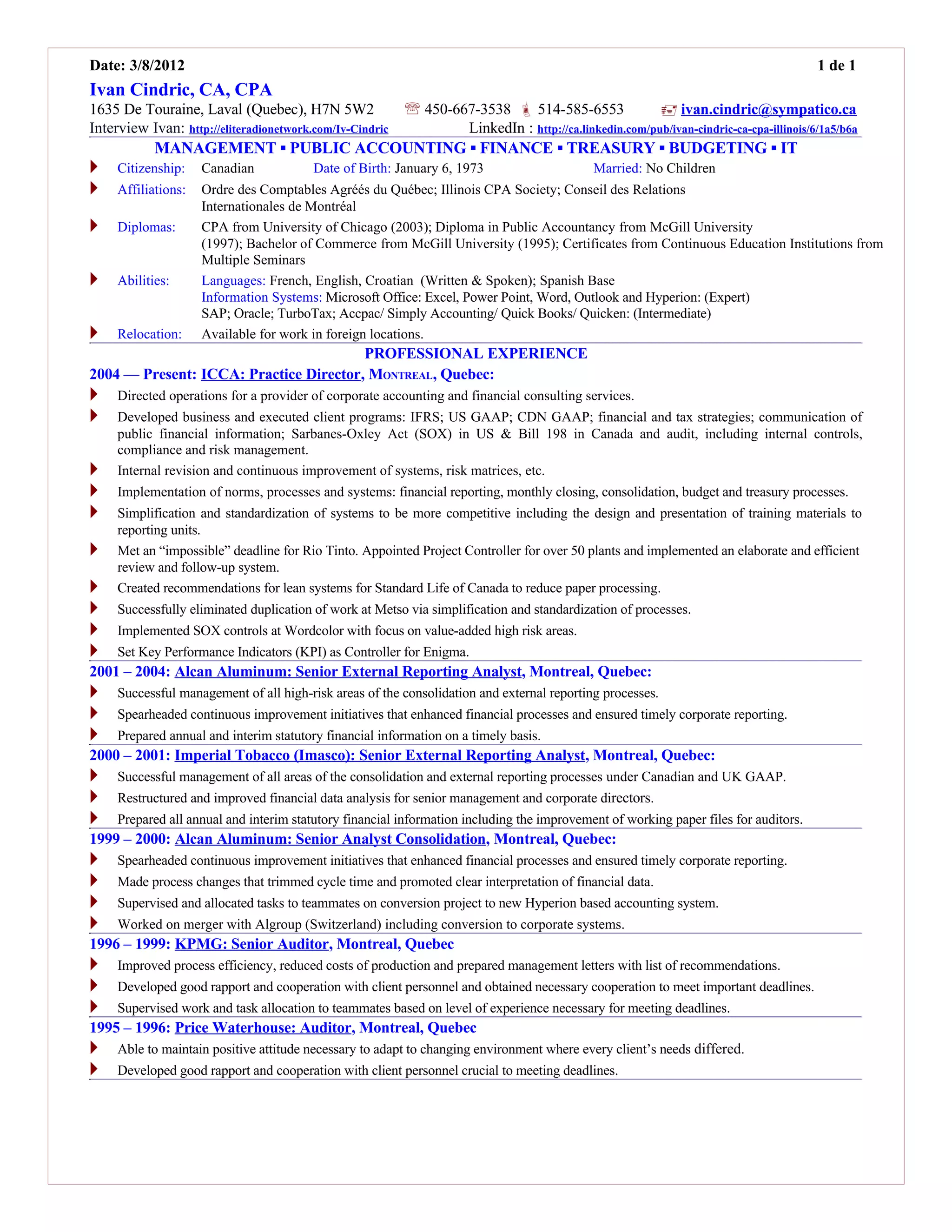 Ivan Cindric Cacpa Resume Snap Shot | DOC