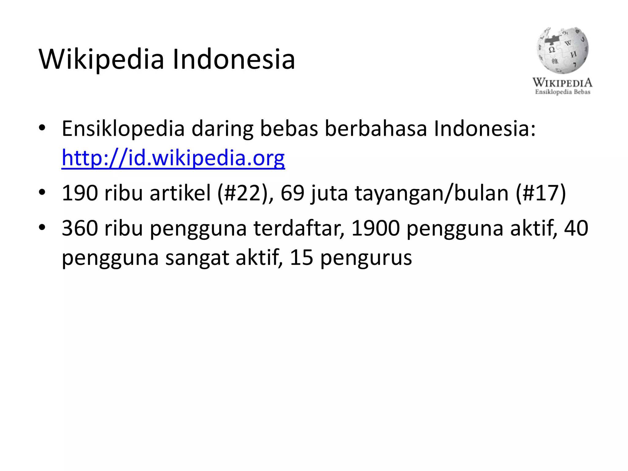 Wikipedia, bahasa Indonesia, Creative Commons, dan pendidikan | PPTX