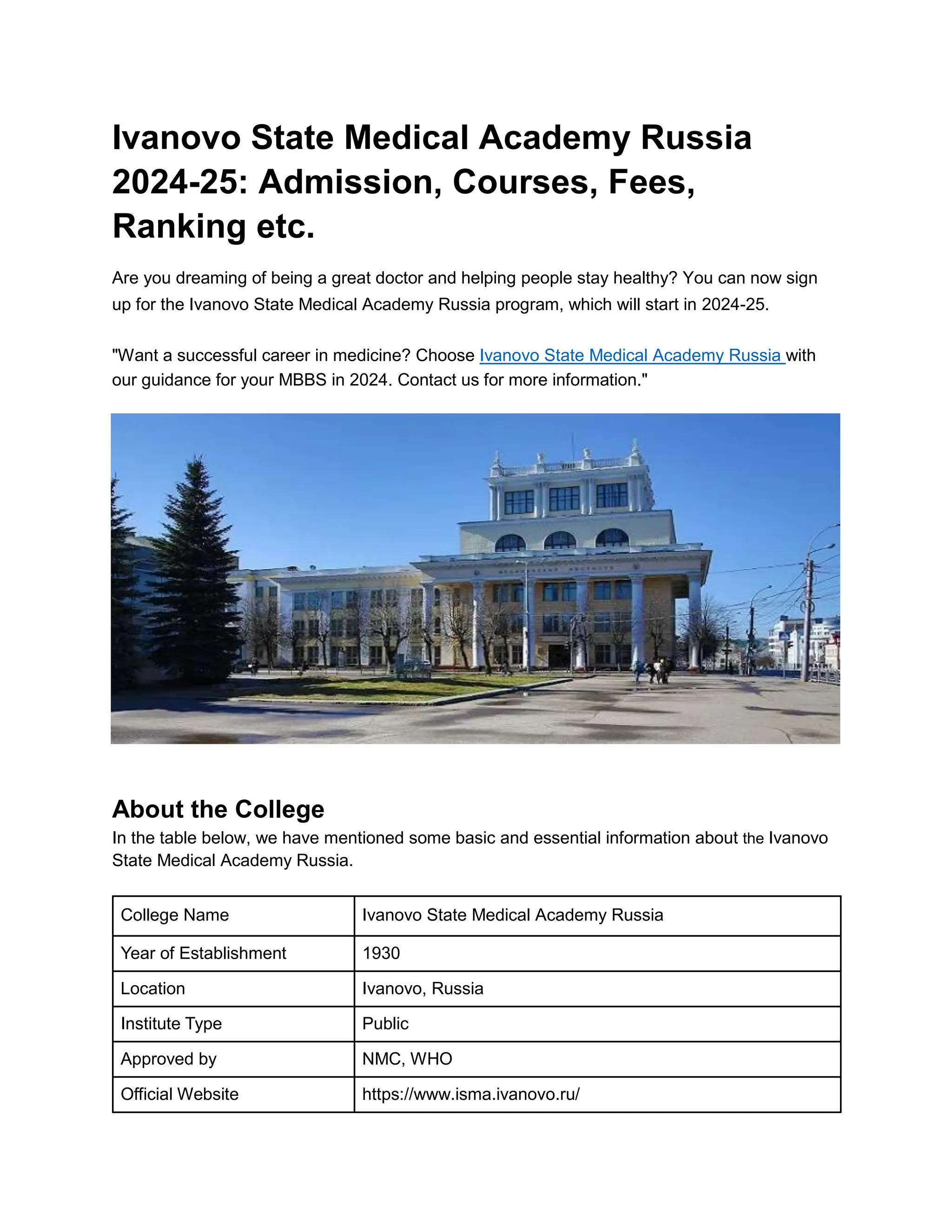 Ivanovo State Medical Academy Russia 2024-25: Admission, Courses, Fees ...