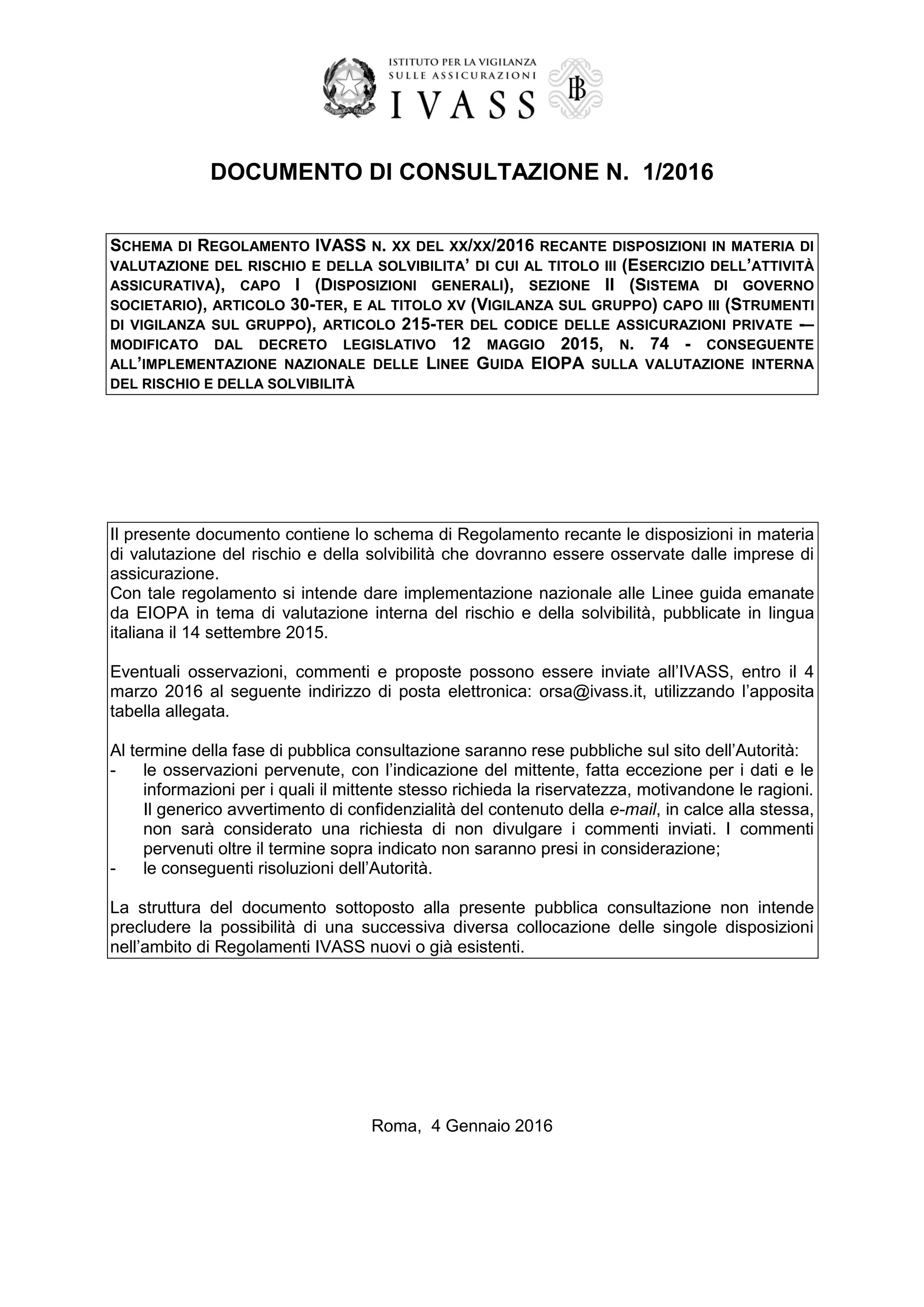 IVASS - Documento di consultazione relativo alla valutazione del ...