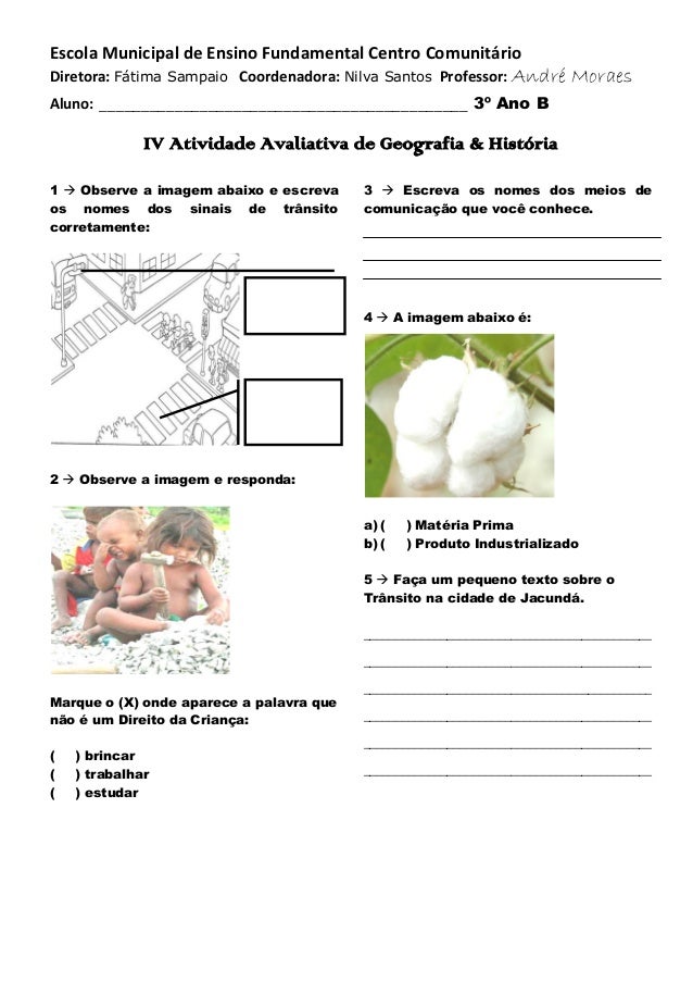IV atividade avaliatíva de geo e hist 1º, 2º e 3º ano pdf