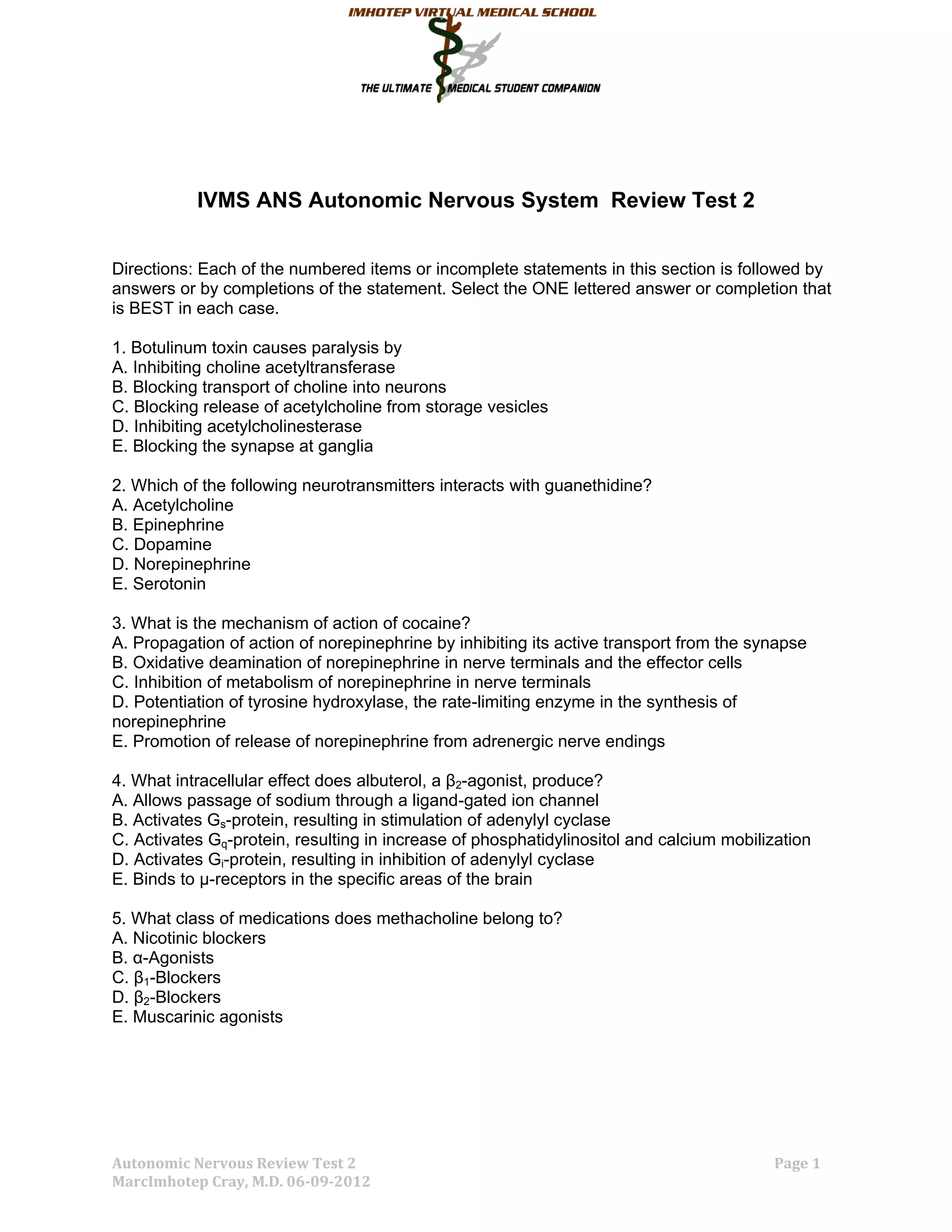 IVMS ANS Autonomic Nervous System Review Test 2 | PDF