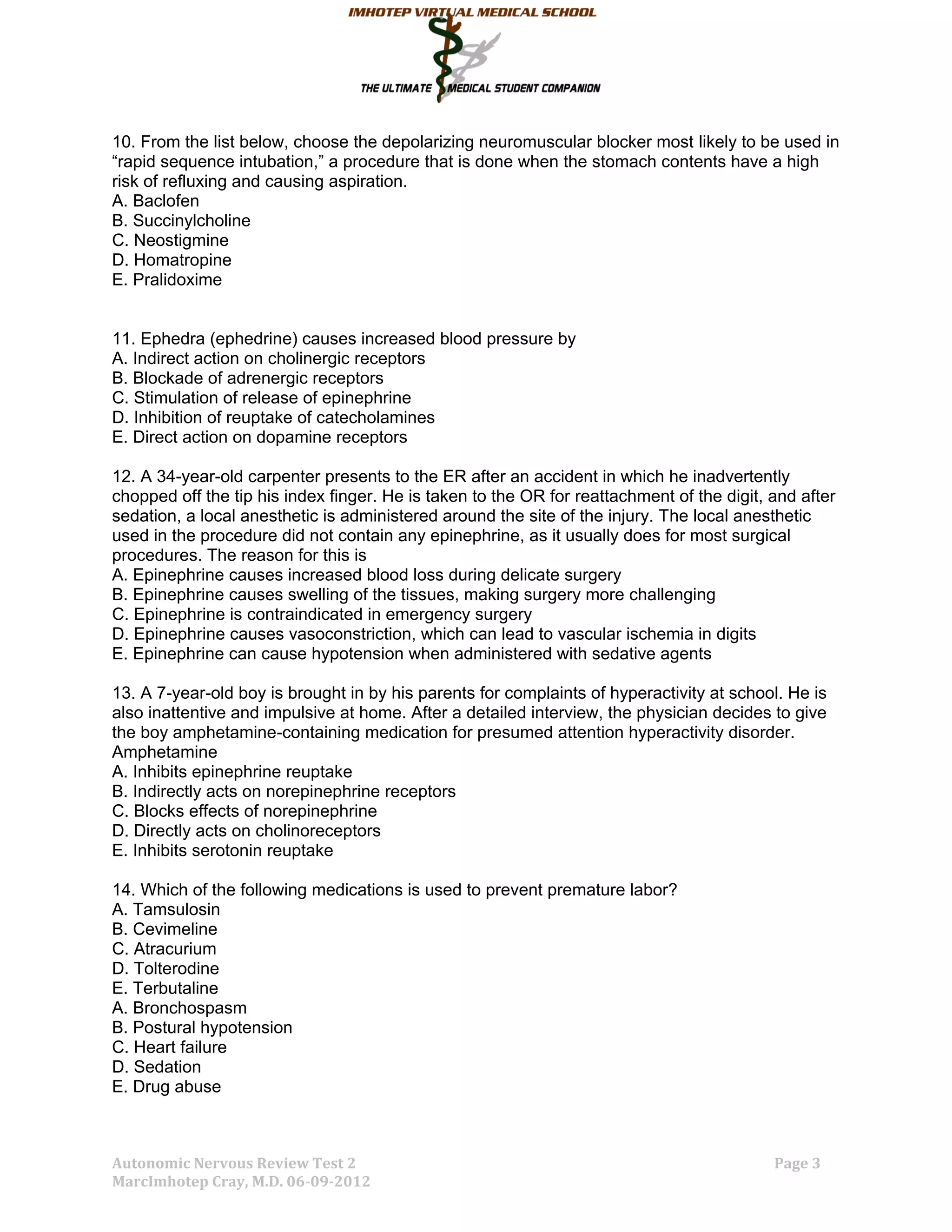 IVMS ANS Autonomic Nervous System Review Test 2 | PDF