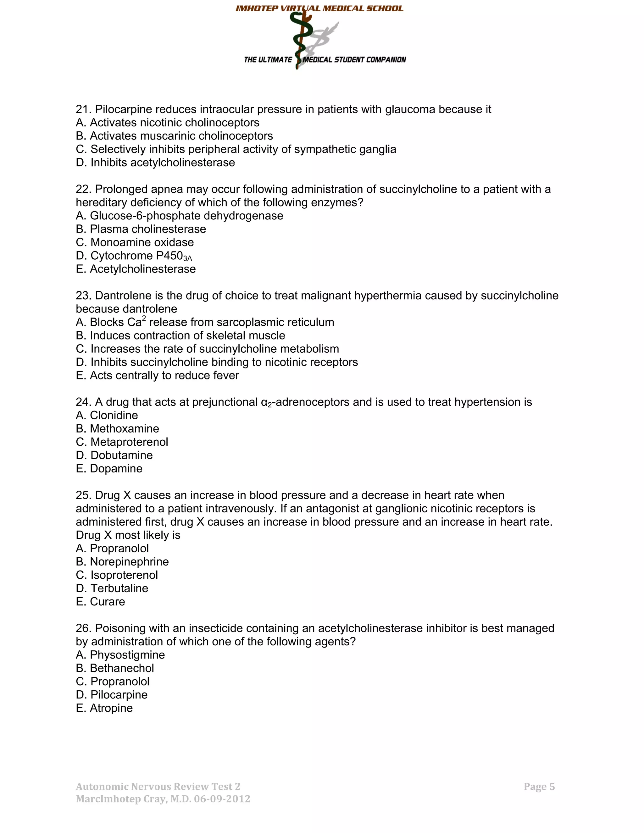 IVMS ANS Autonomic Nervous System Review Test 2 | PDF