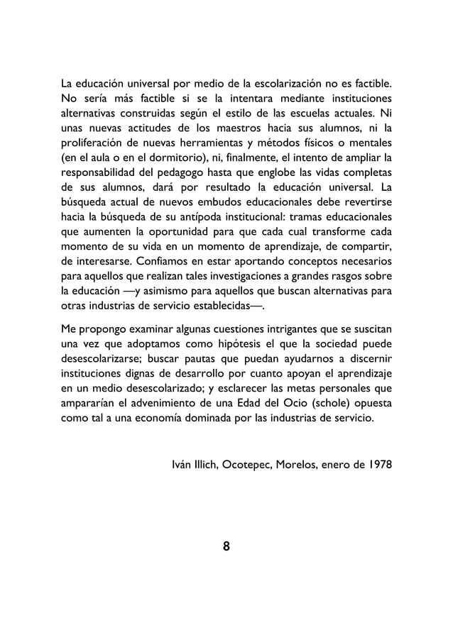 La Sociedad Desescolarizada - Iván Illich | PDF