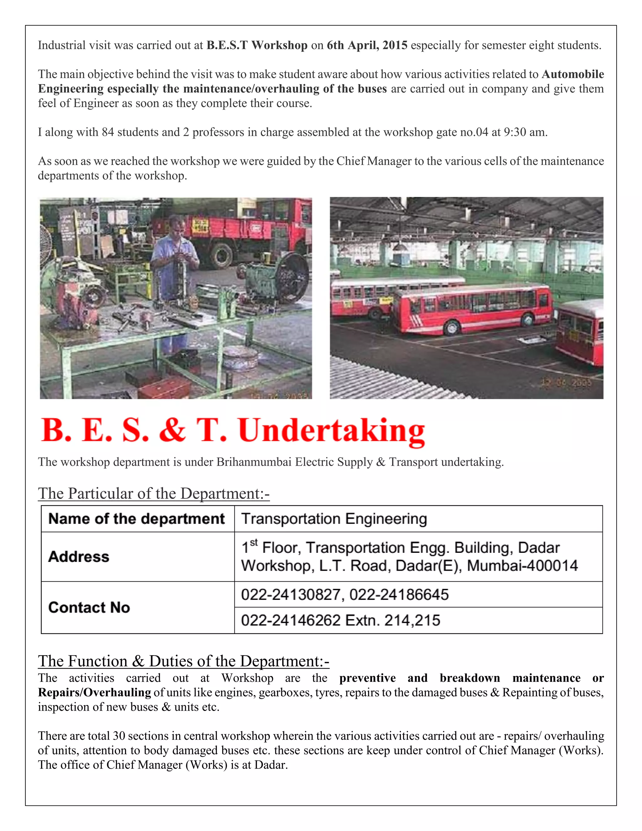 BEST workshop Industrial Visit Report | PDF