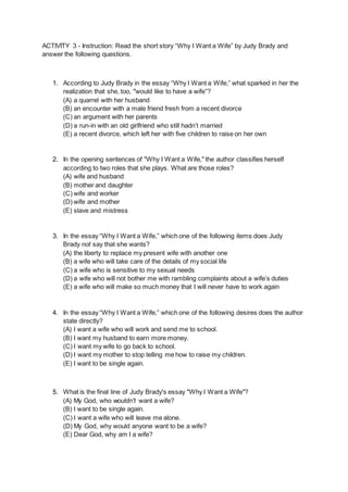 I want a wife quiz | DOCX