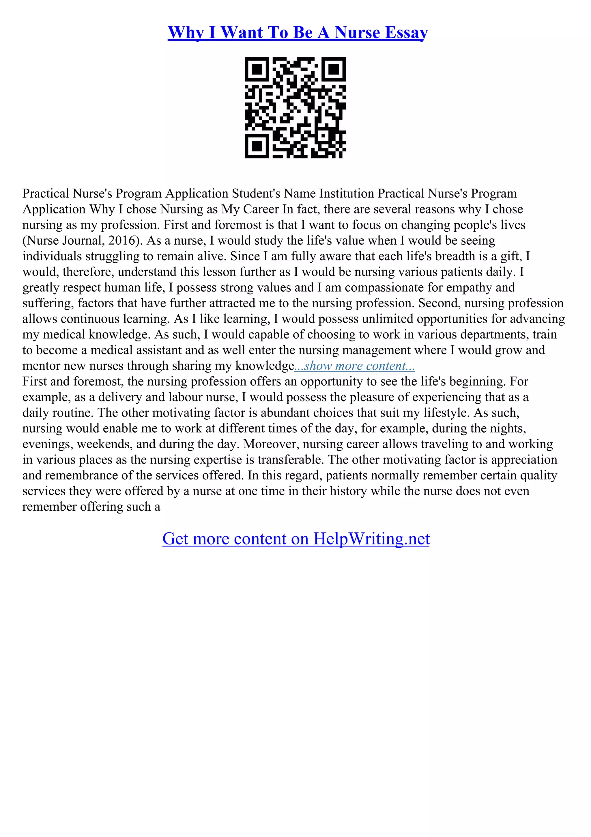 I Want To Be A Nurse Essay | PDF