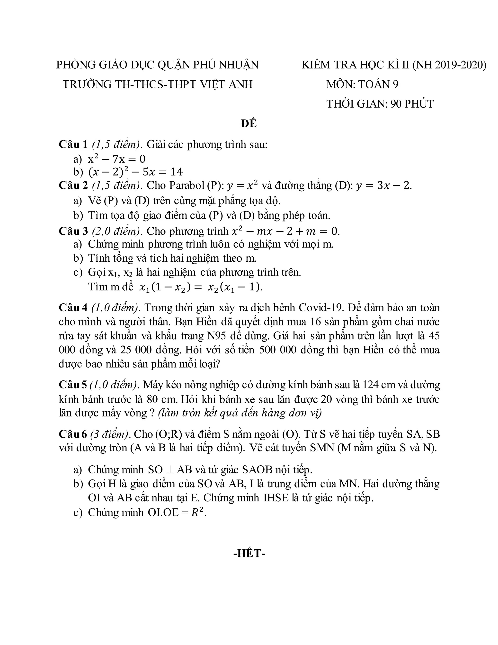Đề Thi HK2 Toán 9 - TH THCS THPT Việt Anh | DOCX
